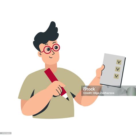 할 일 목록에서 작업을 성공적으로 실행했습니다 노트를 쓰는 젊은이 할 일 목록 계획 개념입니다 개념에 대한 스톡 벡터 아트 및