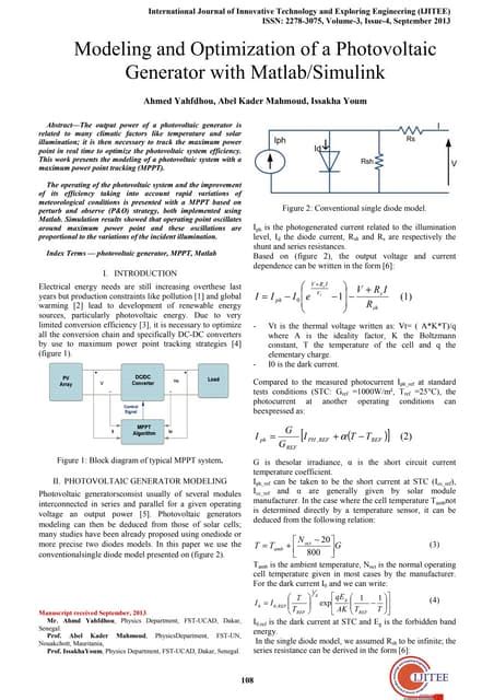 Modeling And Optimization Of A Photovoltaic Generator With Matlabsimulink Pdf