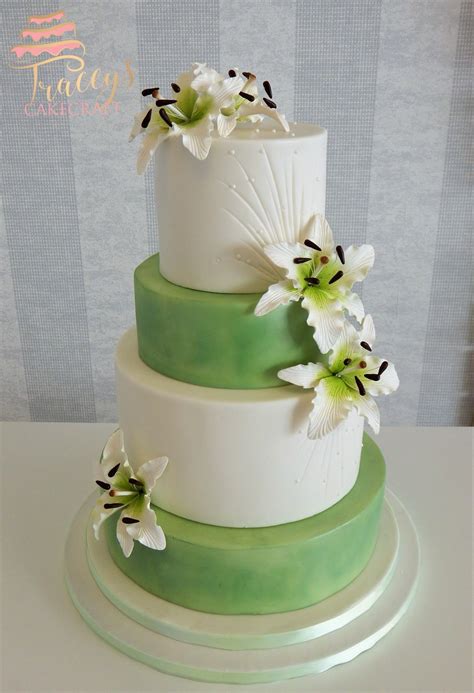 Gorgeous White And Green Spring Wedding Cake With Gum Paste Stargazer