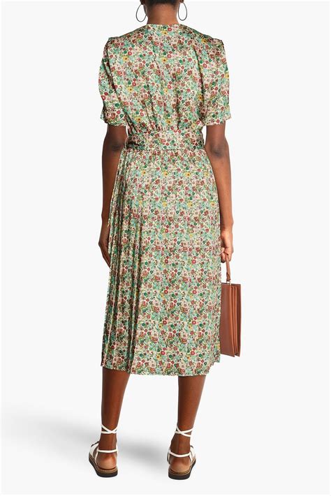 SANDRO Fiona Pleated Floral Print Satin Twill Midi Dress THE OUTNET