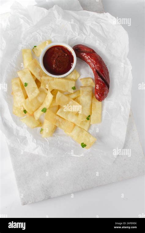 Slices Of Fried Yam Sausage And Sauce Slices Fried Yam And Stew On