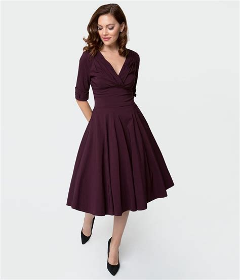 Unique Vintage 1950s Eggplant Purple Delores Swing Dress With Sleeves