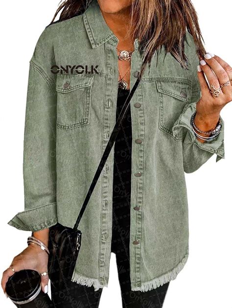 Куртка джинсовая Женский зеленый лацканы Хлопок Политекс размер 50 Длинный Демисезон Китай