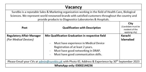 Shaikh Saqib Rafique On Linkedin Vacancy Regulatory Affair Manager