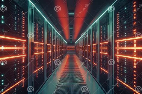 Cutting Edge Data Center Corridor With Illuminated Server Racks For Technology Design Stock