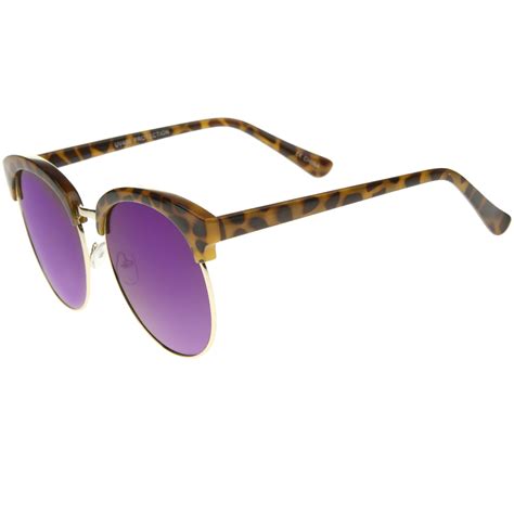 Womens Oversize Half Frame Mirrored Flat Lens Round Sunglasses 68mm