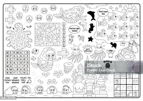 벡터 인어 흑인과 백인 Placemat 바다 왕국 인쇄 가능한 활동 매트 미로 그림자 일치 차이점 찾기 수중 색칠 놀이 매트