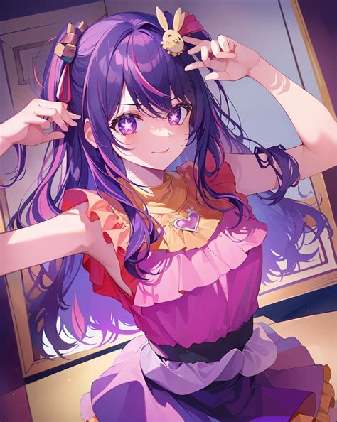 Anime Girl With Purple Hair And Purple Dress Posing In Front Of Mirror
