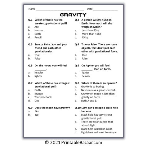 Gravity Reading Comprehension Passage And Questions Printablebazaar