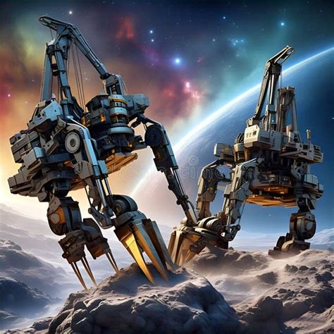 Ai Generated Futuristic Mining Robots On An Alien Planet Stock