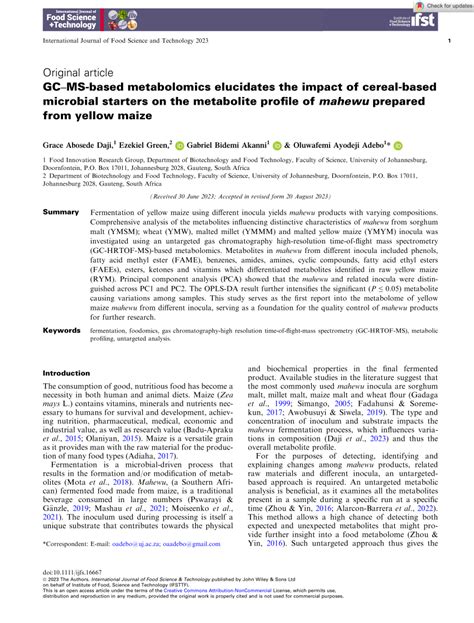 Pdf Gc Ms‐based Metabolomics Elucidates The Impact Of Cereal‐based Microbial Starters On The