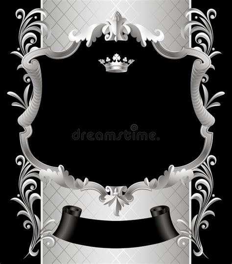 Uitstekend Zilveren Kader Met Een Kroon En Ornament Op Zwarte Vector Illustratie Illustration