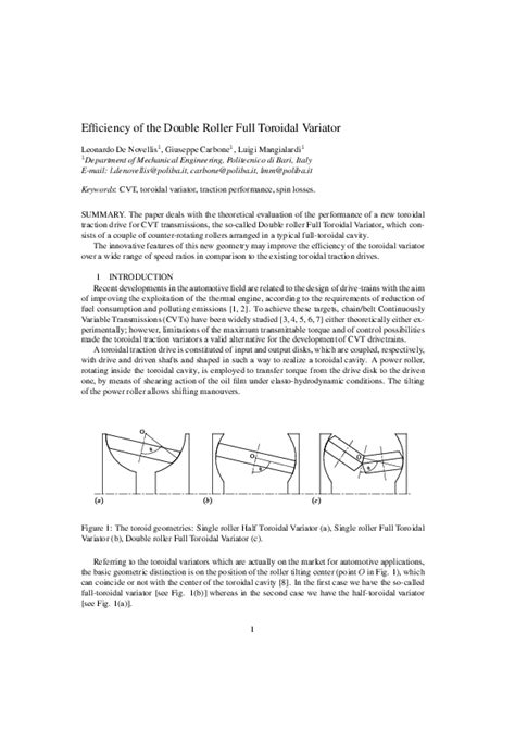 Pdf Efficiency Of The Double Roller Full Toroidal Variator