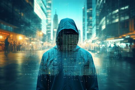 Double Exposure Image Of Anonymous Hacker In A Hoodie In The Night In