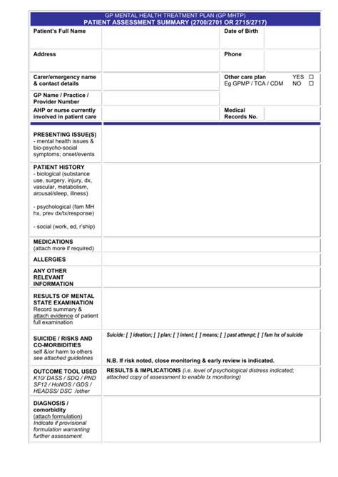 Mental Health Formulation And Treatment Plan Template