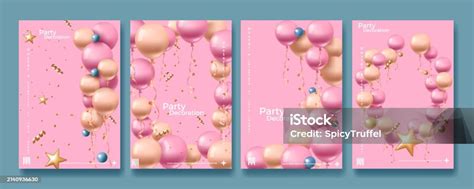 3d 풍선 생일 축하 포스터 귀여운 분홍색 축하 개체 기념일 파티 장식 사실적인 프레임 세로 배너 컬렉션 화려한 비행 색종이입니다 벡터 초대 3차원 형태에 대한 스톡 벡터