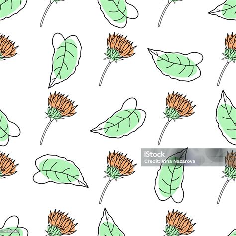섬유 침대 린넨 아동복 포장지 디자인을위한 흰색 배경에 오렌지 낙서 해바라기와 녹색 잎이있는 귀여운 패턴 0명에 대한 스톡 벡터