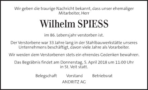 Traueranzeigen Von Wilhelm Spiess Trauer Kleinezeitung At