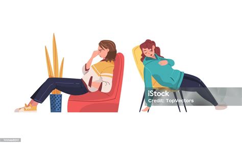 피곤한 졸린 사람들의 집합입니다 안락 의자에 앉아 지친 여자 만화 벡터 일러스트 레이 션 걱정하는에 대한 스톡 벡터 아트 및 기타 이미지 걱정하는 과로 기진맥진