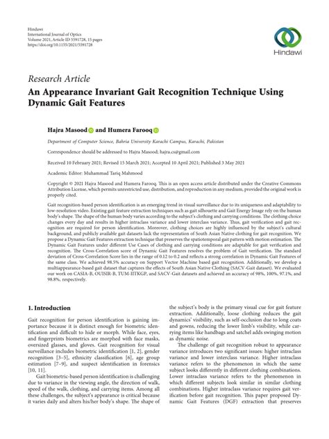 Pdf An Appearance Invariant Gait Recognition Technique Using Dynamic