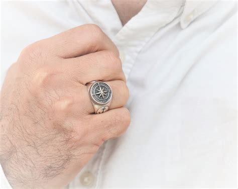 Compass Rose Ring Mens Signet Ring Silver Compass Signet Etsy