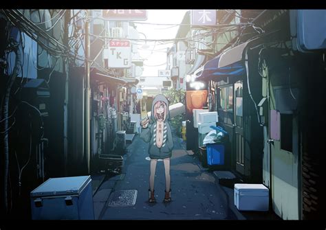 Safebooru 1girl Alley Blue Eyes Breasts City Cleavage Collar