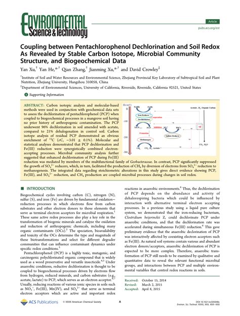Pdf Coupling Between Pentachlorophenol Dechlorination And Soil Redox