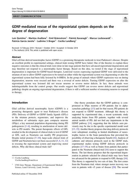 Pdf Gdnf Mediated Rescue Of The Nigrostriatal System Depends On The Degree Of Degeneration