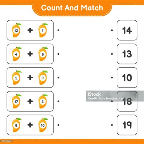 카운트 앤 매치 망고 의 수를 계산하고 올바른 숫자와 일치합니다 교육 어린이 게임 인쇄 워크 시트 벡터 일러스트레이션 0명에