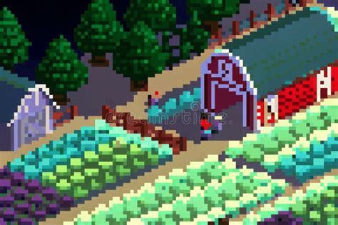 Pixel Art Farm Scene With Barns And Crops Stock Illustration