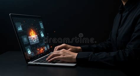Male Hands Typing On Laptop With Cybersecurity Interface And Fire Symbol Generated Ai Stock