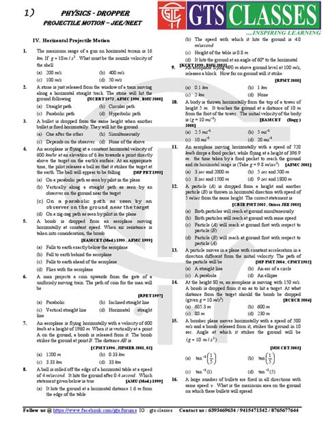 Projectile Motion Jee Neet Pdf Projectiles Acceleration