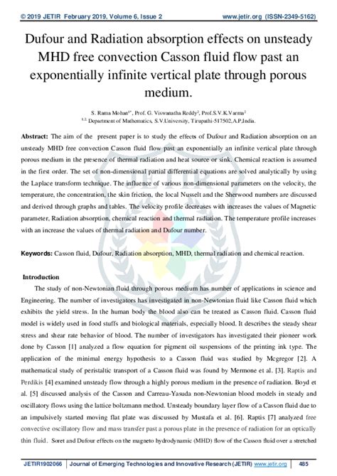 Pdf Dufour And Radiation Absorption Effects On Unsteady Mhd Free Convection Casson Fluid Flow