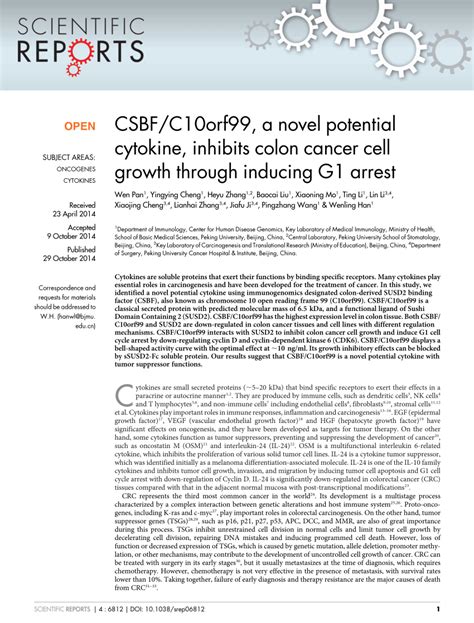 Pdf Csbfc10orf99 A Novel Potential Cytokine Inhibits Colon Cancer