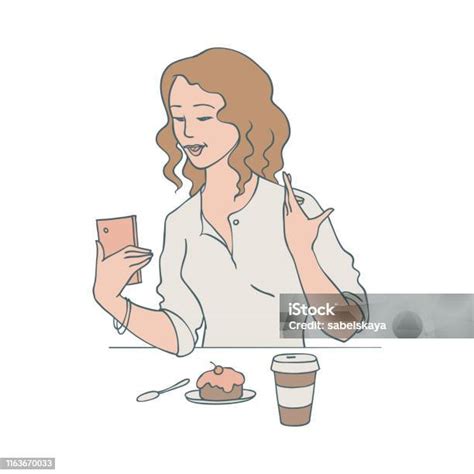 말하는 여자 벡터 일러스트 손으로 그린 어린 소녀는 스마트 폰을 들고 말하기 개념에 대한 스톡 벡터 아트 및 기타 이미지 개념 그리기 등장인물 Istock