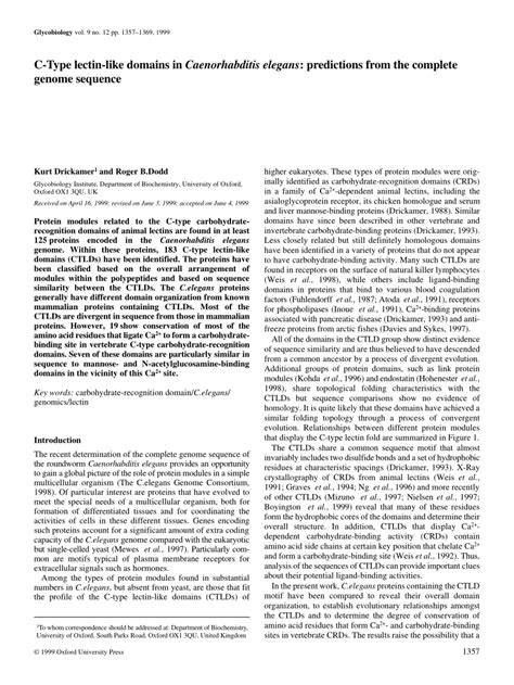 Pdf C Type Lectin Like Domains In Caenorhabditis Elegans Predictions From The Complete Genome