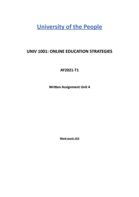 Written Assignment Unit 4 University Of The People Univ 1001 Online Education Strategies