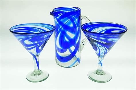 Mexican Glass Margaritamartini Blue Swirl With Matching Pitcher Set