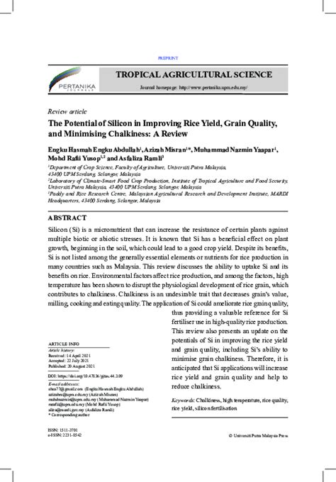 Pdf The Potential Of Silicon In Improving Rice Yield Grain Quality And Minimising Chalkiness