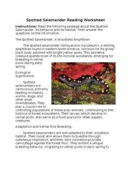 Spotted Salamander Reading Worksheet W Answer Key Editable