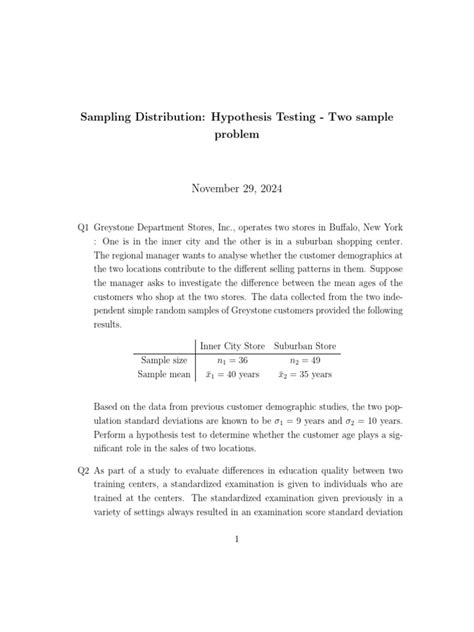 Hypothesis Testing Two Sample Practice Problem Set Pdf Statistical
