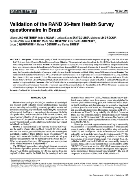 Pdf Validation Of The Rand 36 Item Health Survey Questionnaire In Brazil