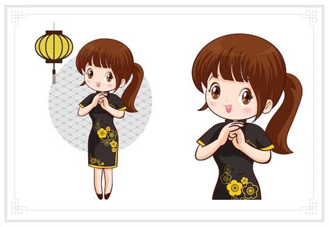 중국 신년 축제와 만다린 가운에 예쁜 중국 소녀 프리미엄 벡터