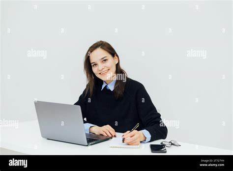 Woman At The Computer In The Office At A Remote Work Internet Communication IT Work