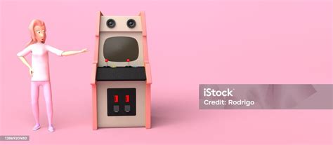 복고풍 아케이드 게임 기계를 보여주는 젊은 여자 아케이드 룸 공간을 복사합니다 게임 컨셉 3d 일러스트레이션 3차원 형태에 대한 스톡 사진 및 기타 이미지 Istock