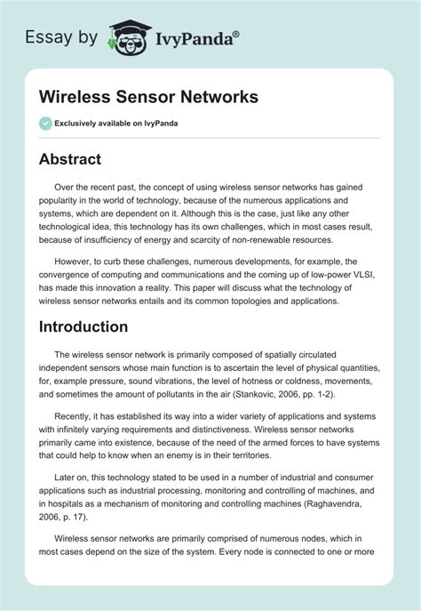 Wireless Sensor Networks 1618 Words Essay Example