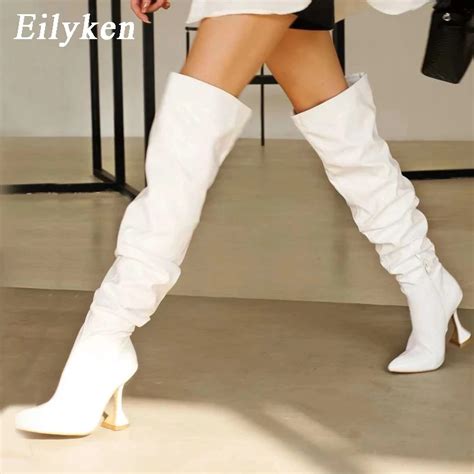 Eilyken Nieuw Design Geplooide Leren Over De Knie Laarzen Mode Catwalk Vreemde Hoge Hakken Sexy