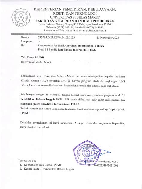Stempel Permohonan Fasilitasi Akreditasi Internasional Fibaa S1