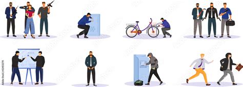 Criminal Activity Flat Color Vector Faceless Characters Set Organized