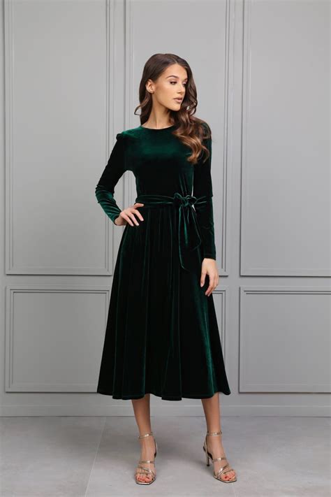 Dark Emerald Green Velvet Dress Midi Dress Evening Dress Wedding